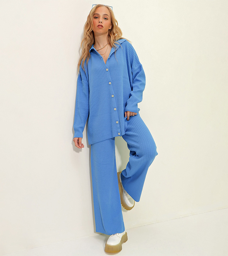 Buy Trend Alaçatı Stili Button Down Knitted Shirt And Pant Set In Blue ...