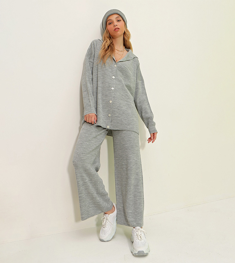 Buy Trend Alaçatı Stili Button Down Knitted Shirt And Pant Set In Grey ...
