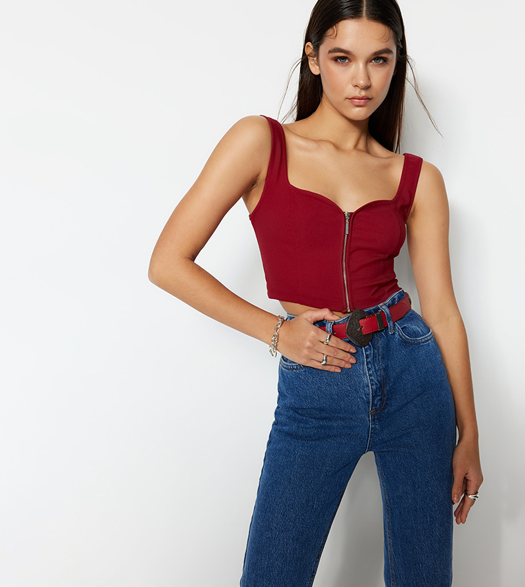 Buy Trendyol Zipper Detailed Crop Top In Burgundy | 6thStreet Oman