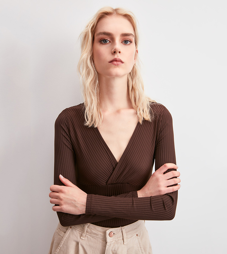 Buy Trendyol Cross Over Bodysuit Top In Brown | 6thStreet UAE