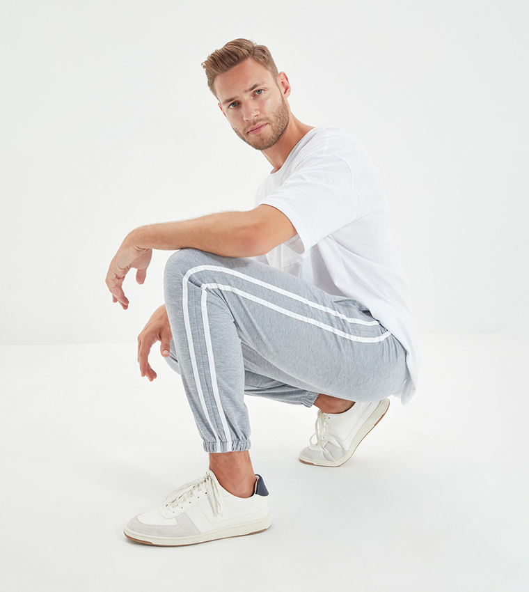 Buy Trendyol Regular Fit Striped Sweatpants In Grey | 6thStreet Qatar
