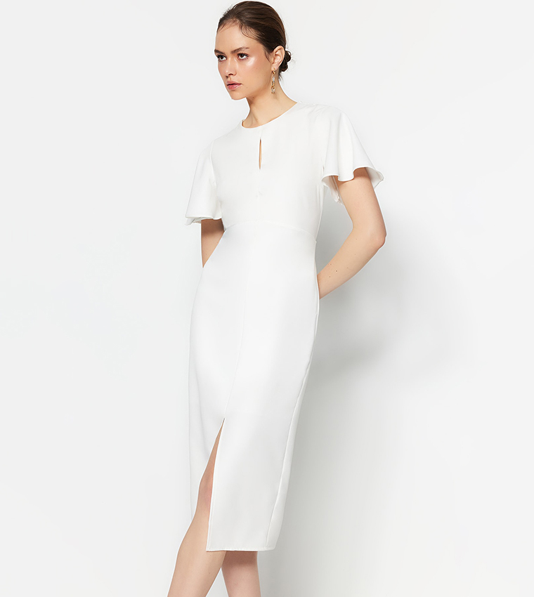 Buy Trendyol Solid Flared Sleeves Bodycon Dress In Ecru | 6thStreet UAE