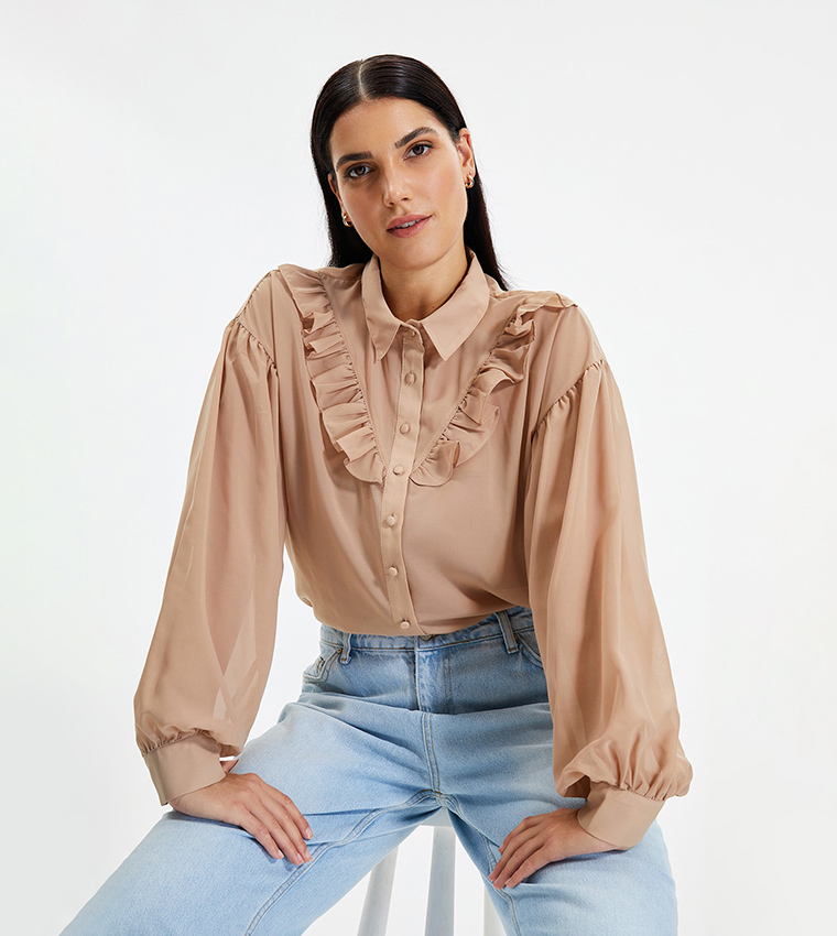 Buy Trendyol Frilly Chiffon Transparent Shirt In Grey | 6thStreet UAE