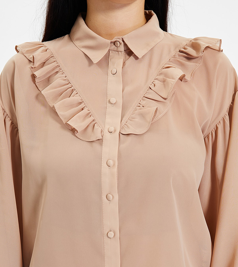 Buy Trendyol Frilly Chiffon Transparent Shirt In Grey | 6thStreet UAE