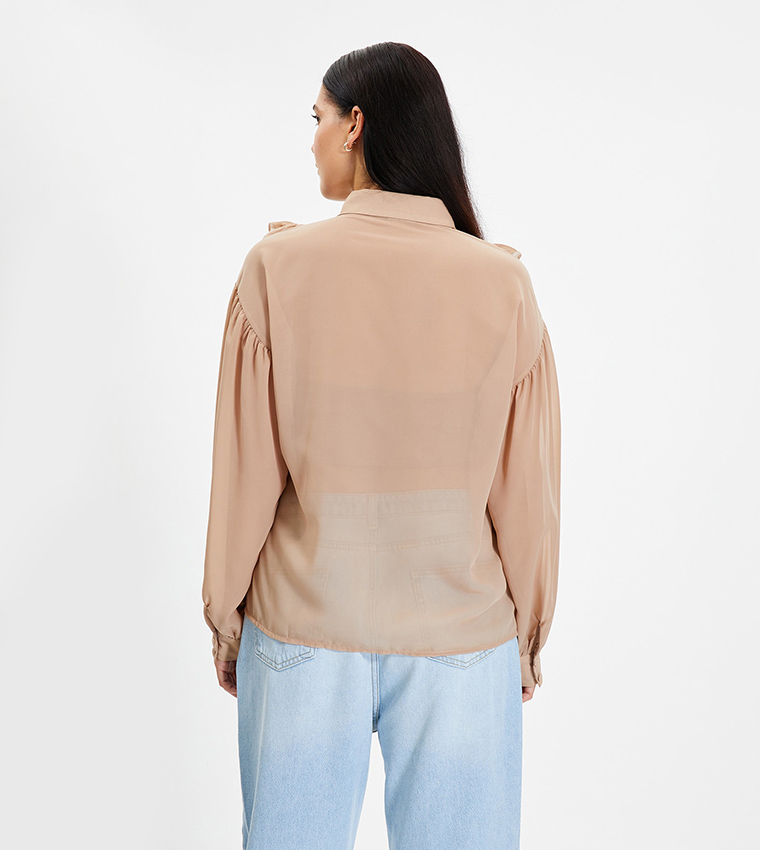 Buy Trendyol Frilly Chiffon Transparent Shirt In Grey | 6thStreet UAE