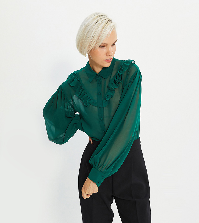 Buy Trendyol Chiffon Transparent Frill Detailed Shirt In Green ...