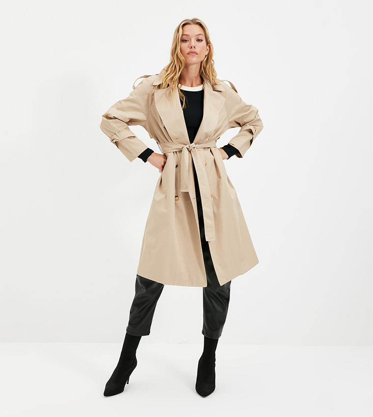 Buy Trendyol Belted Trench Coat In Beige | 6thStreet Bahrain