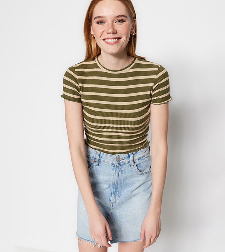 Buy Trendyol Stripe Short Sleeves Top In Khaki | 6thStreet UAE