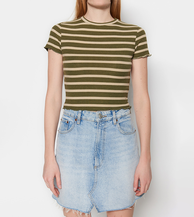 Buy Trendyol Stripe Short Sleeves Top In Khaki | 6thStreet UAE