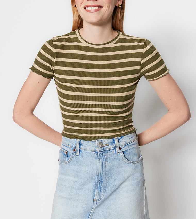 Buy Trendyol Stripe Short Sleeves Top In Khaki | 6thStreet UAE