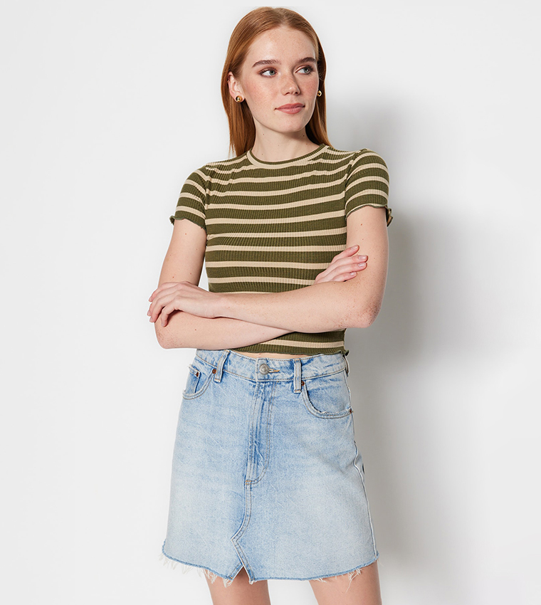 Buy Trendyol Stripe Short Sleeves Top In Khaki | 6thStreet UAE