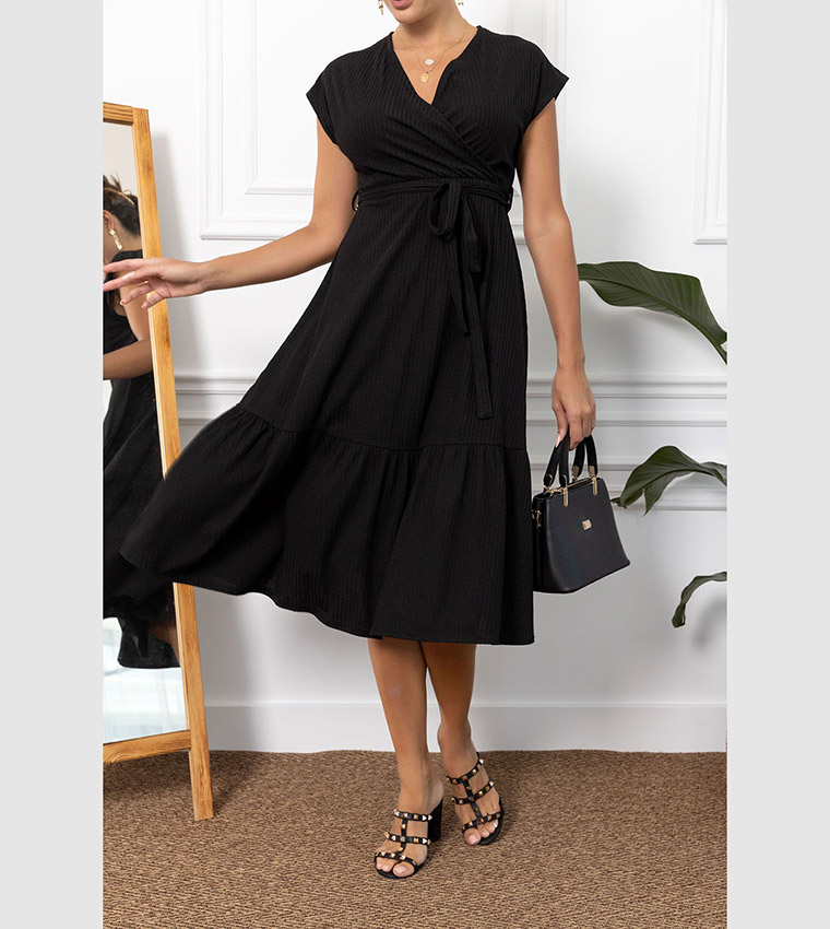 Buy Armonika Belted Surplice Neck Midi Dress In Black 6thstreet Uae