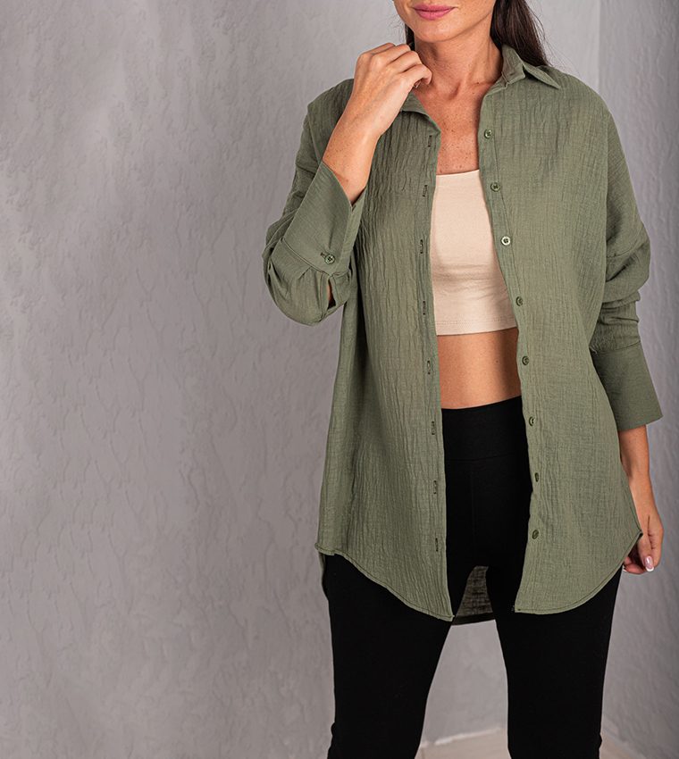 Buy Armonika Textured Oversized Linen Look Shirt In Khaki | 6thStreet ...