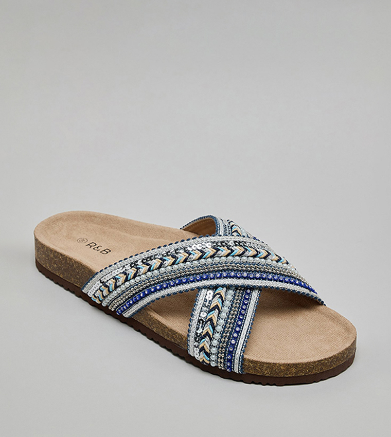 Buy R&B Embellished Flat Sandals In Blue | 6thStreet Qatar