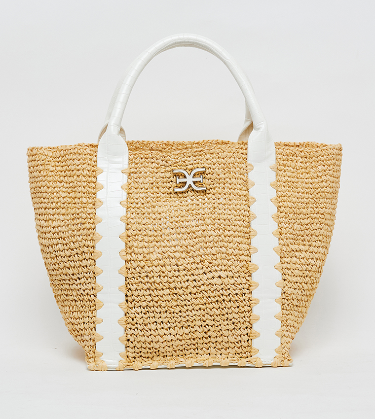 Buy Sam Edelman MARLEY Contrast Trim Raffia Mini Tote Bag In Off White | 6thStreet UAE
