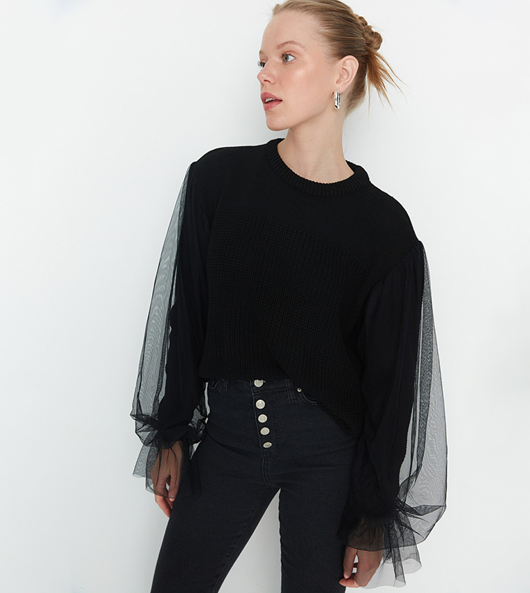 Buy Trendyol Tulle Sleeve Knitwear Sweater In Black | 6thStreet Qatar