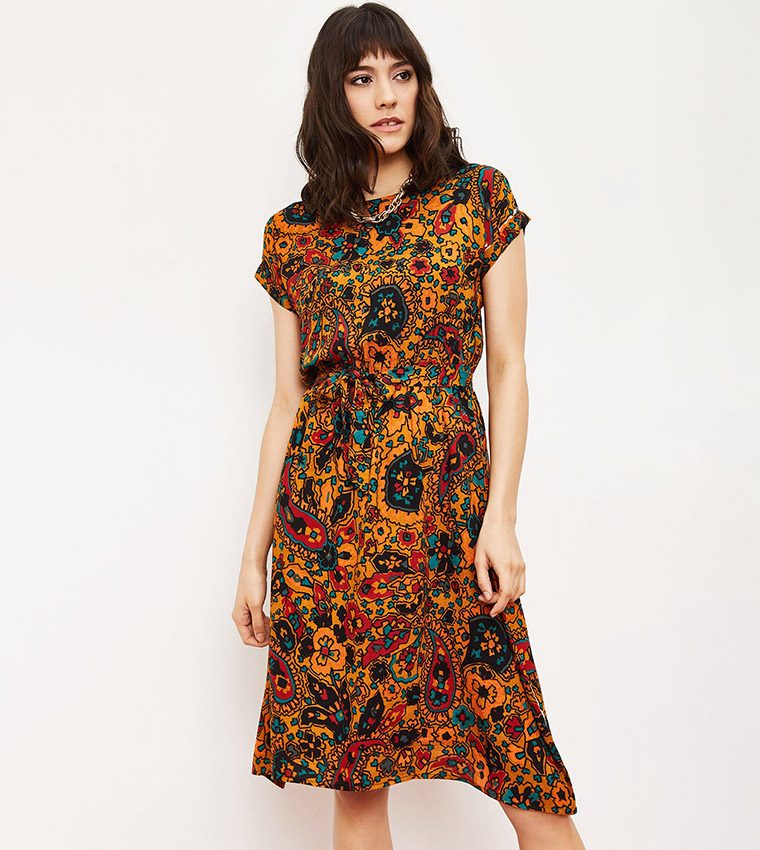 Buy Bianco Lucci Printed Short Sleeves Midi Dress In Mustard ...