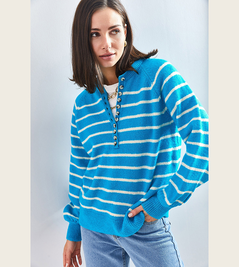 Buy Bianco Lucci Striped Button Detail Long Sleeves Sweater In Indigo ...