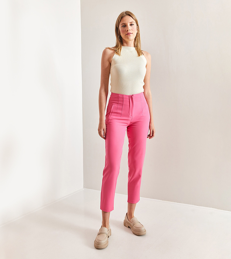 Buy Bianco Lucci Solid Slim Fit Cropped Trousers In Fuchsia | 6thStreet ...