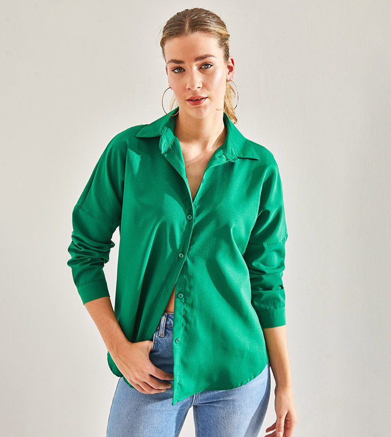 Buy Bianco Lucci Solid Long Sleeves Shirt In Green | 6thStreet Qatar