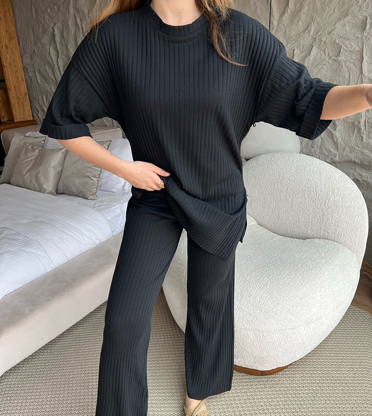 Buy Bianco Lucci Ribbed Top And Bottom Set In Black | 6thStreet UAE