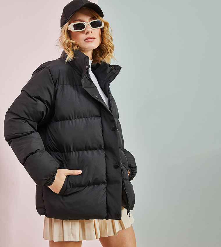 Buy Bianco Lucci Puffer High Neck Inflatable Coat In Black | 6thStreet UAE