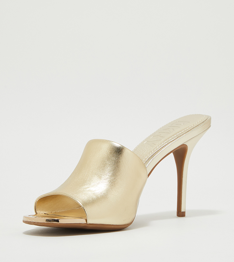 Buy Dkny Tevin Logo Metal Accent Heel Sandals In Gold | 6thStreet UAE
