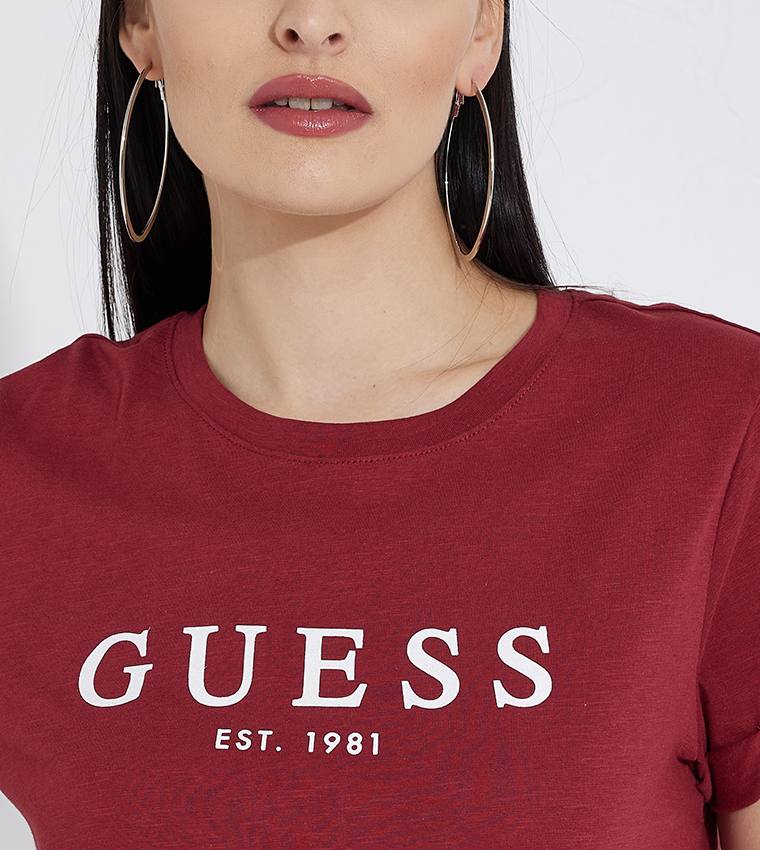 Buy Guess 1981 Logo Detail Roll Cuff T Shirt In Red | 6thStreet UAE