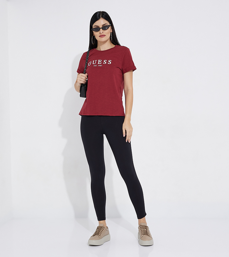 Buy Guess 1981 Logo Detail Roll Cuff T Shirt In Red | 6thStreet UAE