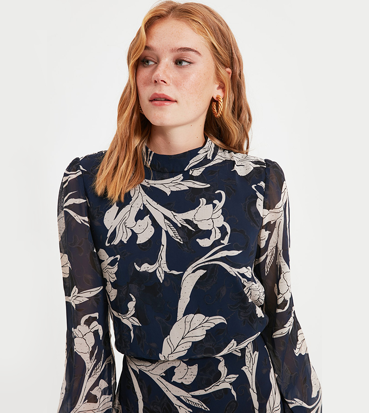 Buy Trendyol Printed High Neck Ruffle Midi Dress In Blue | 6thStreet UAE