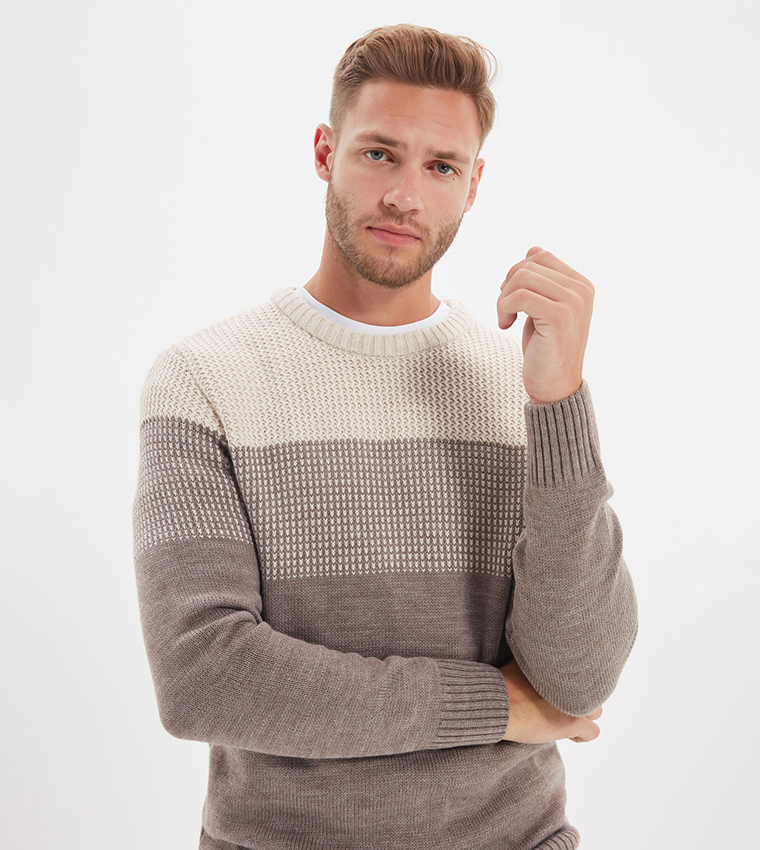 Buy Trendyol Slim Fit Block Sweater In Beige | 6thStreet Saudi Arabia