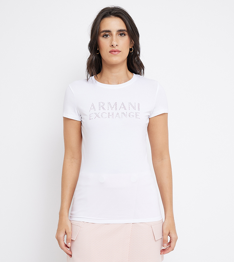 Buy Armani Exchange Embellished Crew Neck Top In White 6thStreet UAE