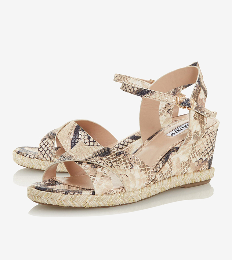 Buy Dune London Snake Print Round Toe Buckle Closure Wedges Brown In ...