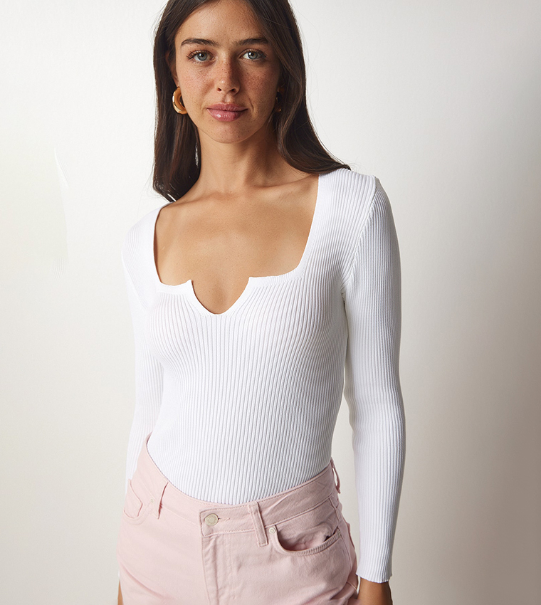 Buy Happiness İstanbul Ribbed Split Neck Top In White | 6thStreet UAE