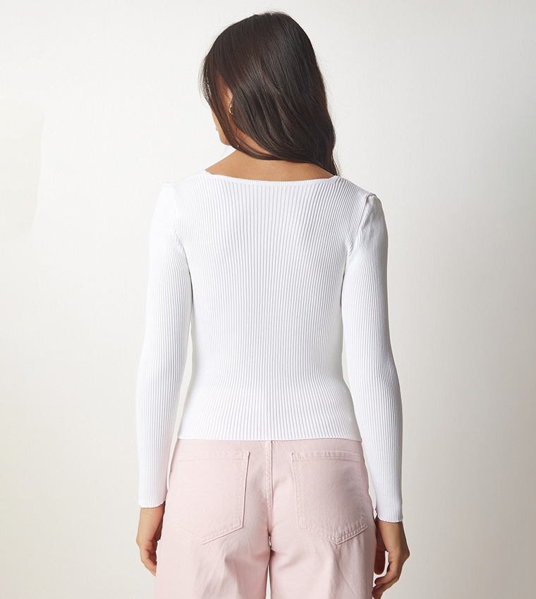 Buy Happiness İstanbul Ribbed Split Neck Top In White | 6thStreet UAE