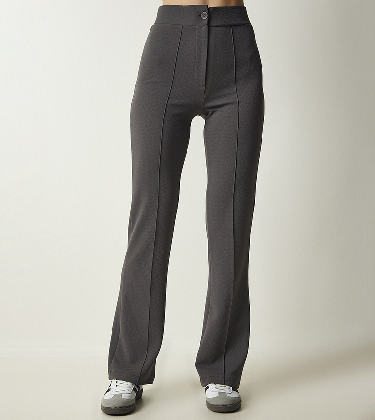 Buy Happiness İstanbul Solid High Rise Button Closure Pants In Grey ...