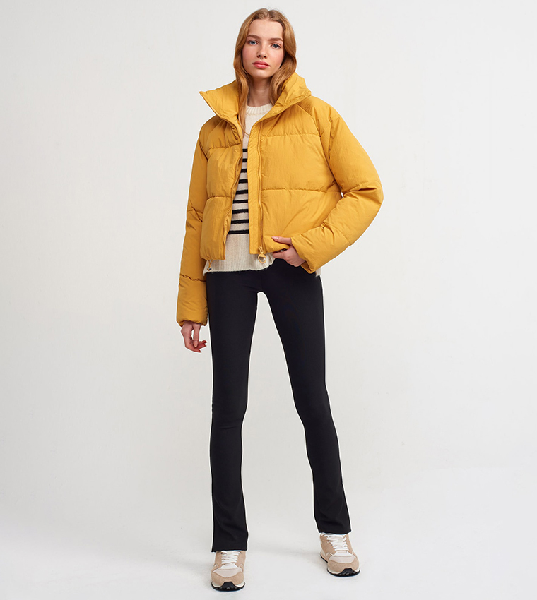 Buy Dilvin Zippered High Neck Inflatable Puffer Jacket In Mustard ...