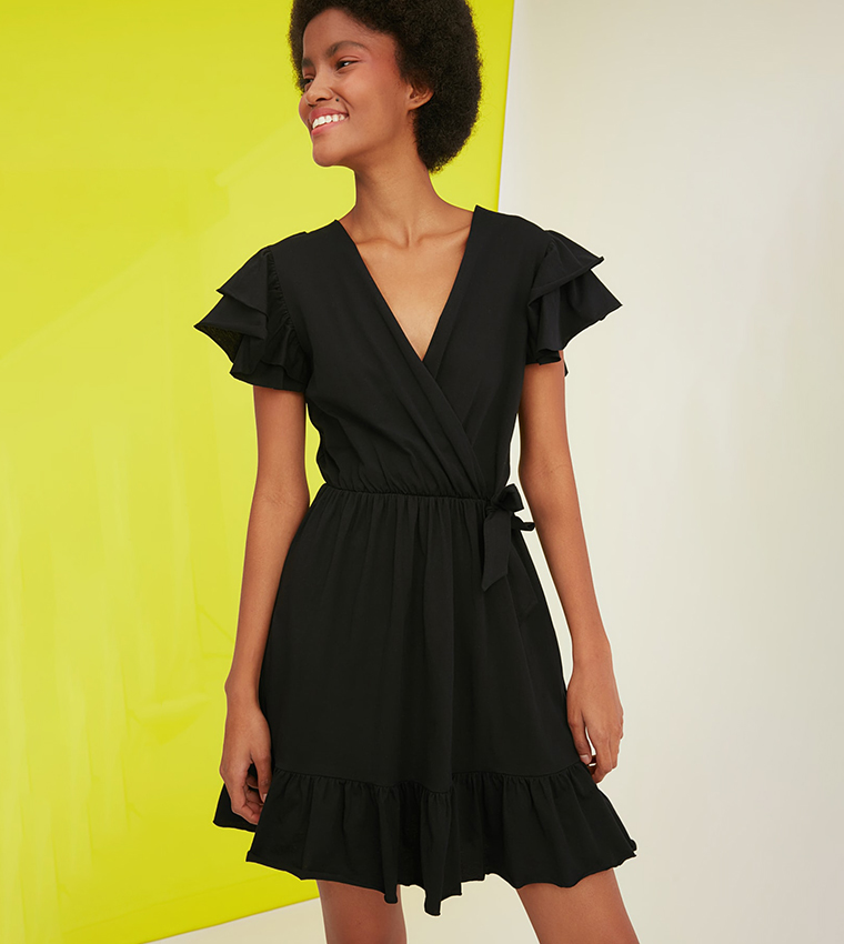 Buy Trendyol Wrap Flounce Dress In Black | 6thStreet Qatar