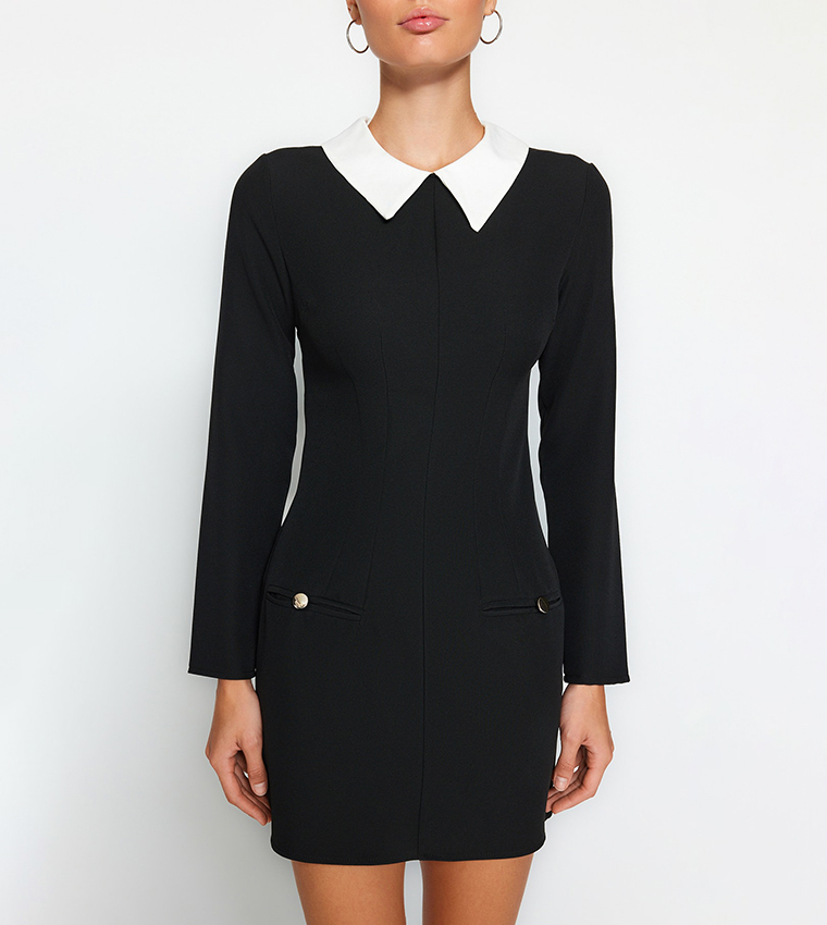 Buy Trendyol Solid Collared Neck Shift Dress In Black | 6thStreet Kuwait