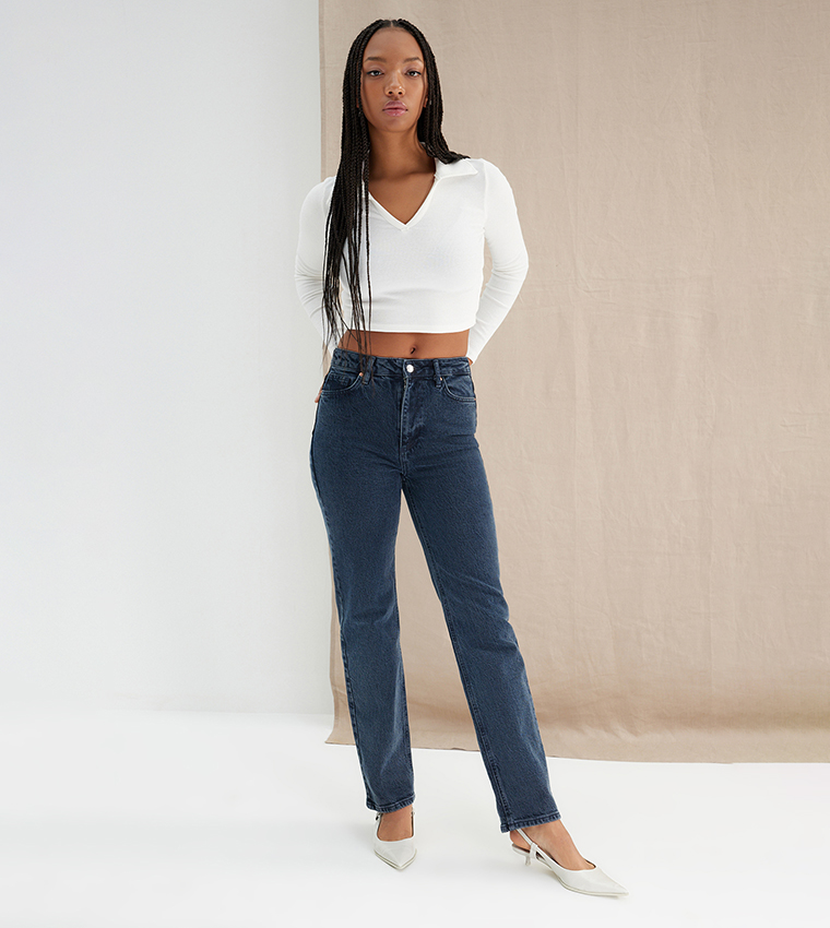 Buy Trendyol Slid High Waist Straight Fit Jeans In Blue | 6thStreet Bahrain
