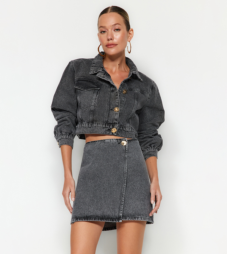 Buy Trendyol Faded Oversized Crop Denim Jacket In Grey | 6thStreet ...