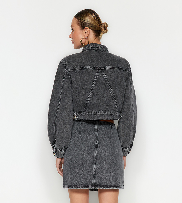 Buy Trendyol Faded Oversized Crop Denim Jacket In Grey | 6thStreet ...