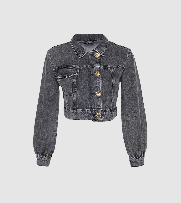 Buy Trendyol Faded Oversized Crop Denim Jacket In Grey | 6thStreet ...