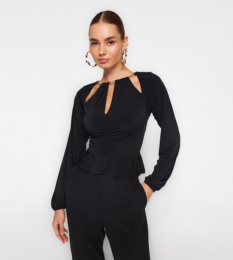 Buy Trendyol Outlet Cut Out Neck Smock Top In Black | 6thStreet UAE