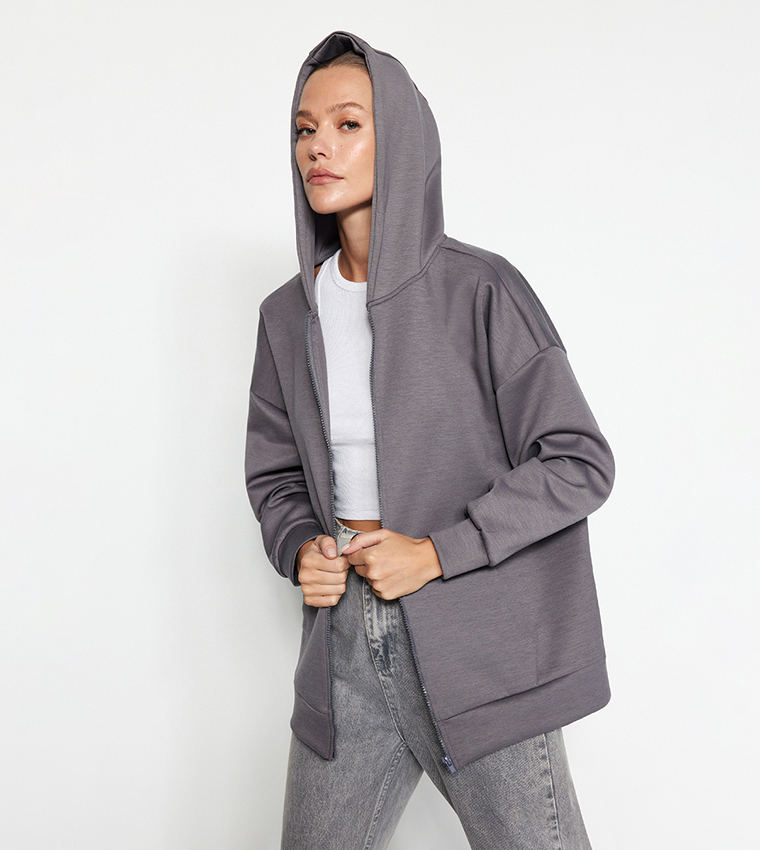 Buy Trendyol Solid Zippered Oversized Hooded Jacket In Grey | 6thStreet UAE