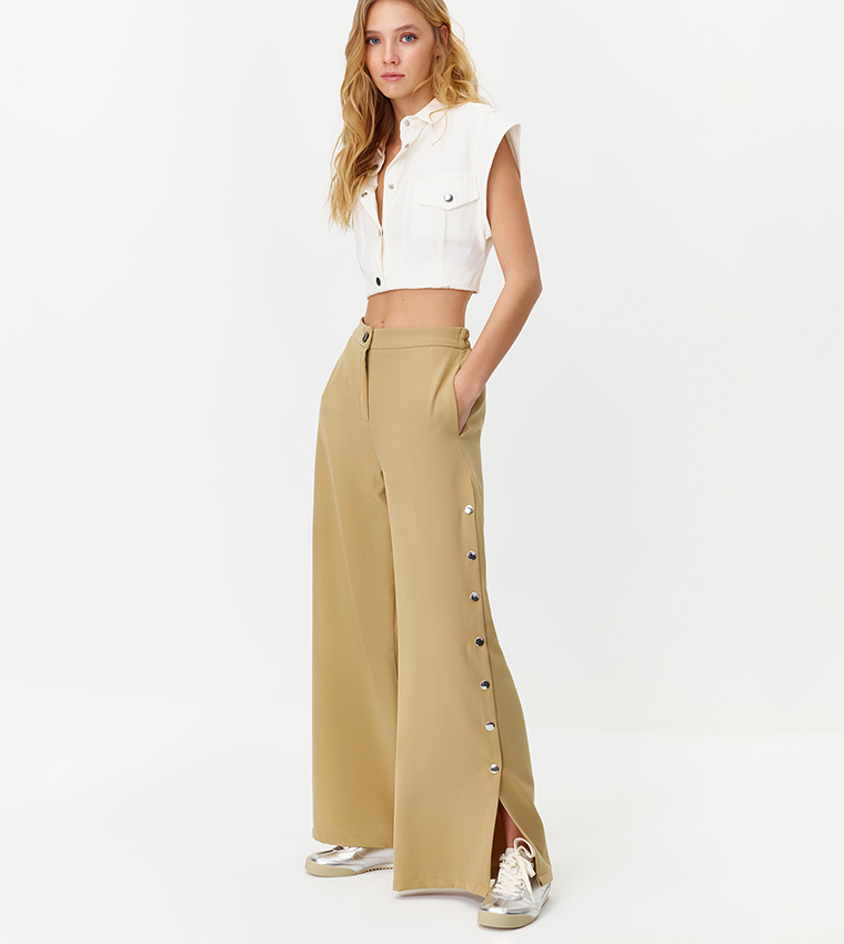 Buy Trendyol Side Button Detail Wide Leg Trousers In Beige | 6thStreet UAE