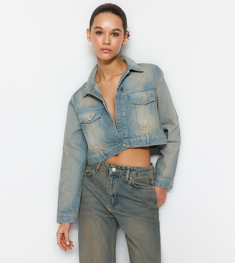 Buy Trendyol Faded Effect Vintage Oversized Cropped Denim Jacket In ...