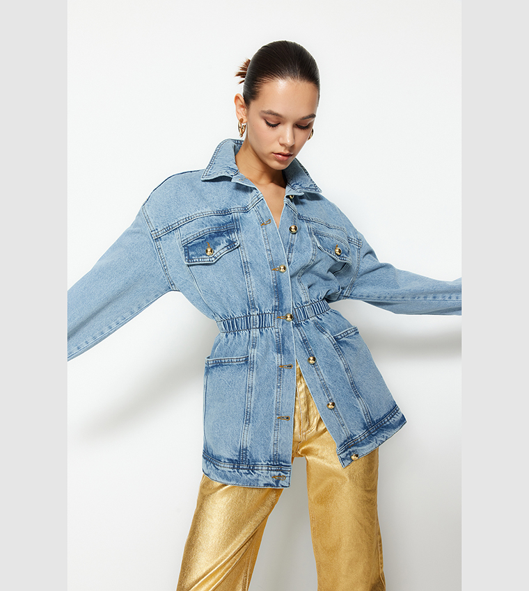 Buy Trendyol Elastic Waist Oversized Denim Jacket In Blue | 6thStreet UAE