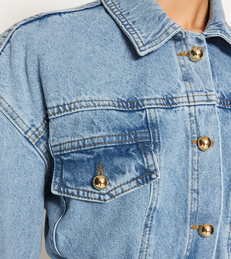Buy Trendyol Elastic Waist Oversized Denim Jacket In Blue | 6thStreet UAE
