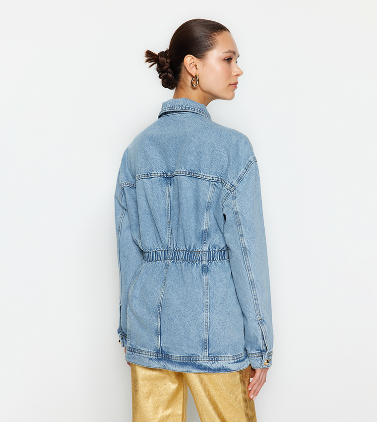 Buy Trendyol Elastic Waist Oversized Denim Jacket In Blue | 6thStreet UAE